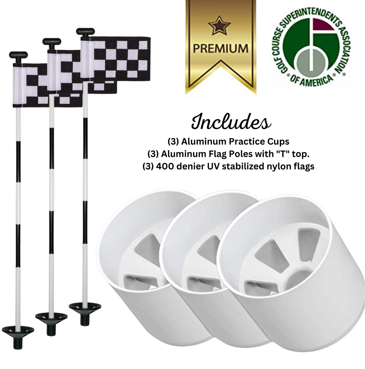 3-Pack Combo Set For Putting Green Golf Flag and Cup Set